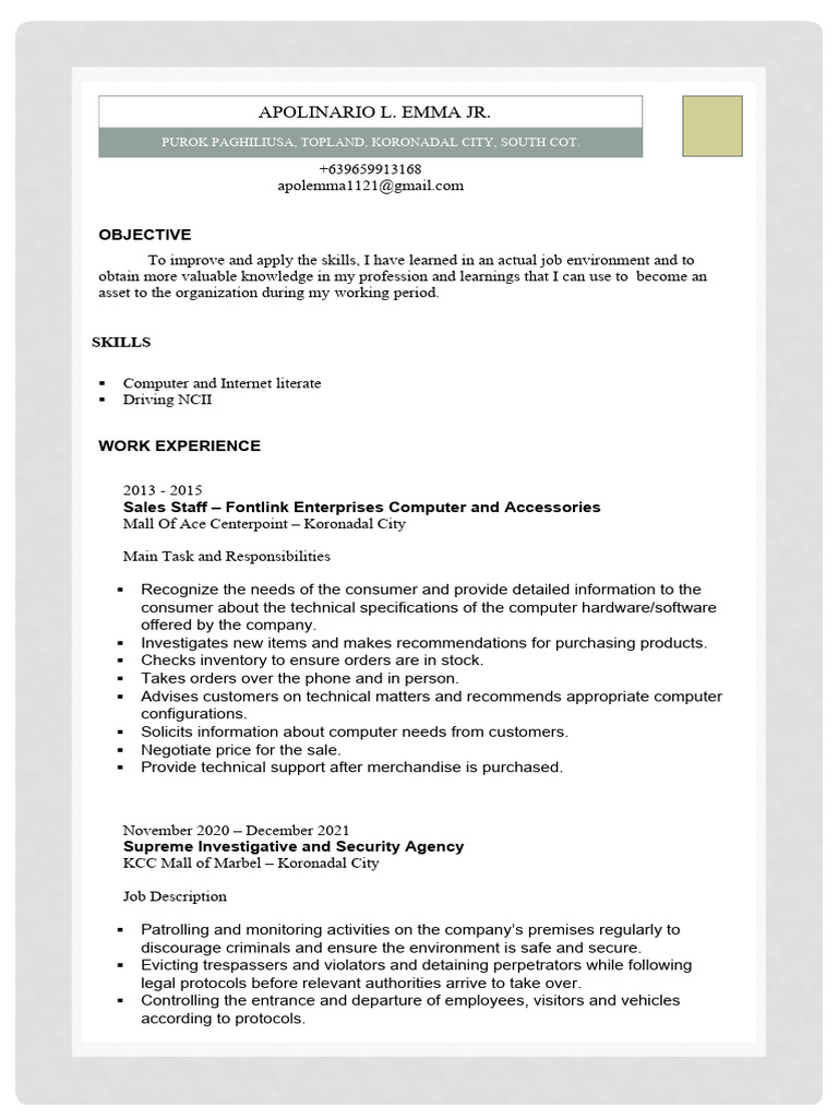 Apolinario L. Emma JR.: Objective | PDF | Computing