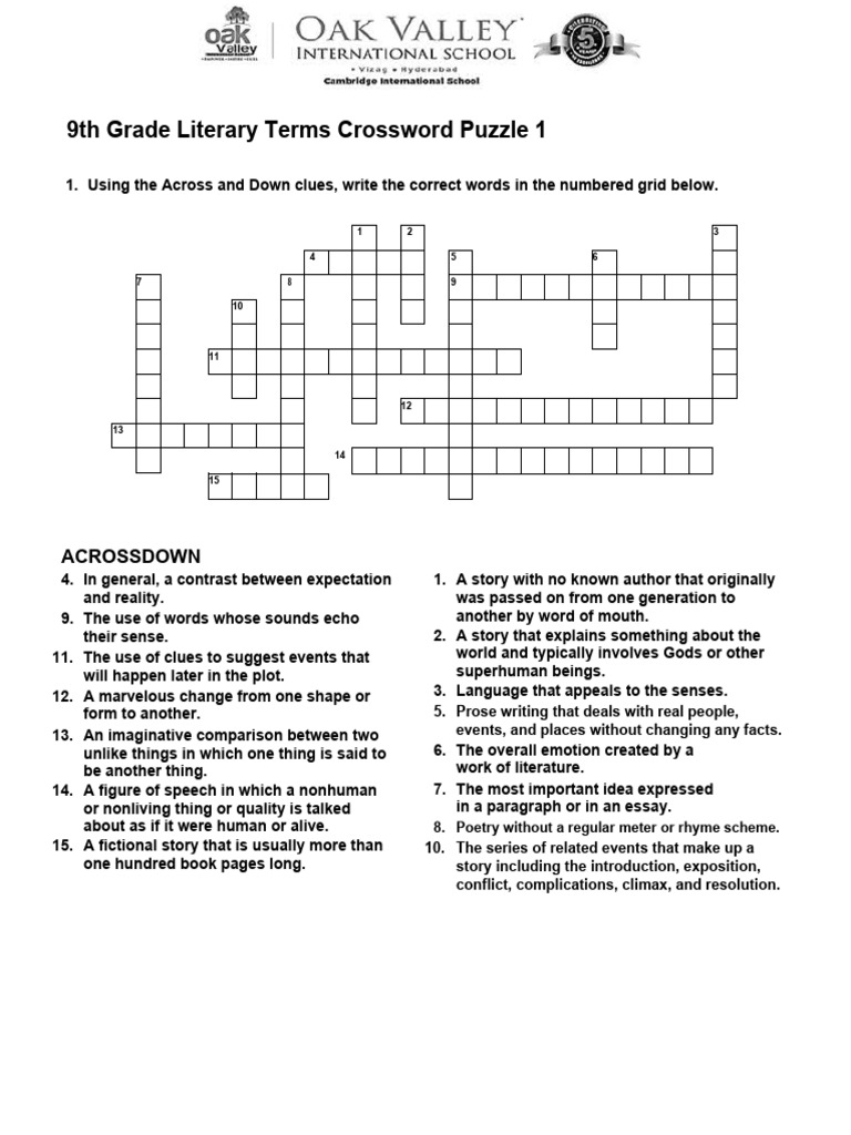 9th Grade Literary Terms Crossword Puzzle | PDF | Young Adult | General ...
