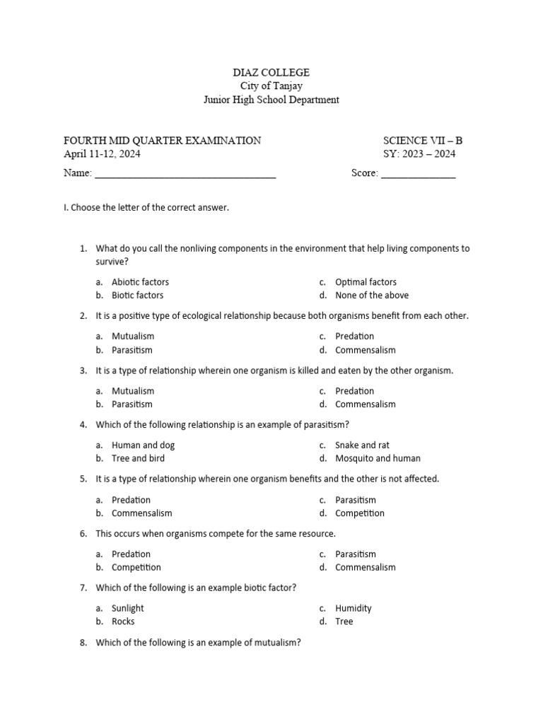 q4m Sci7 Exam | PDF | Parasitism | Predation