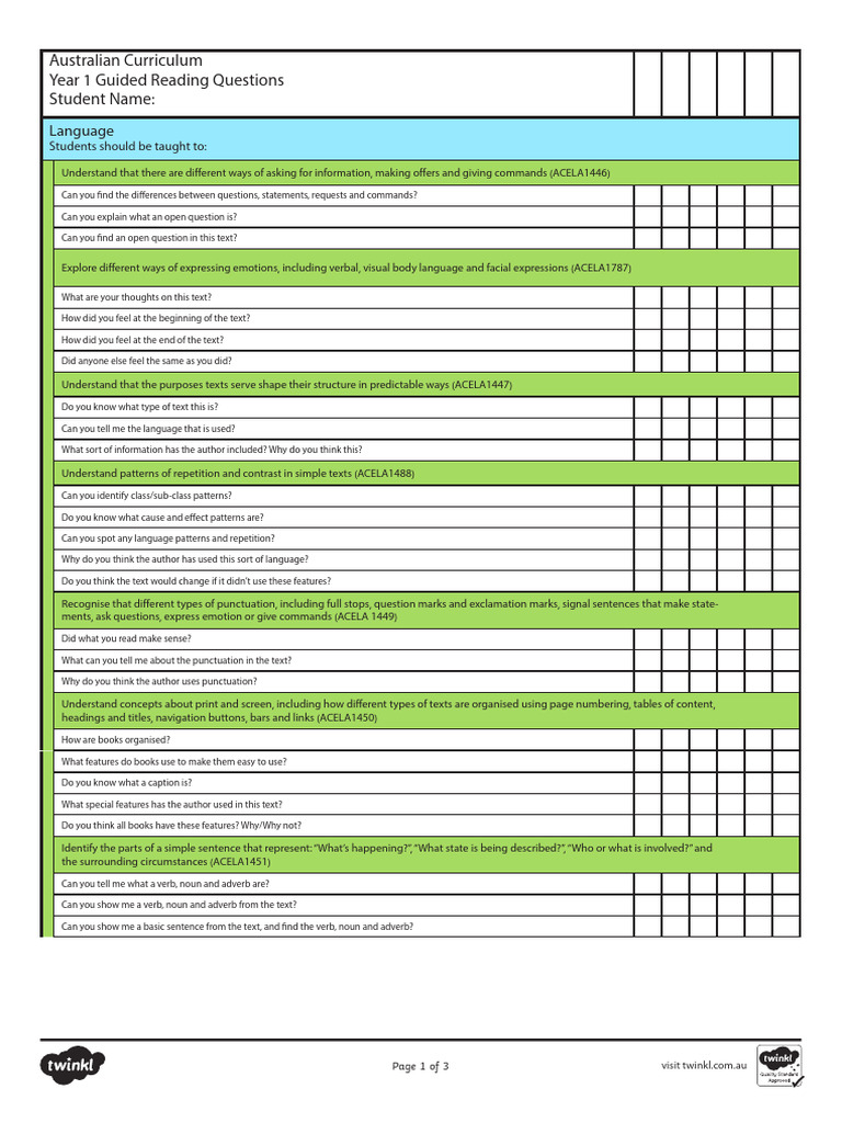 Year 1 Guided Reading Questions Guide | PDF | Adverb | Word