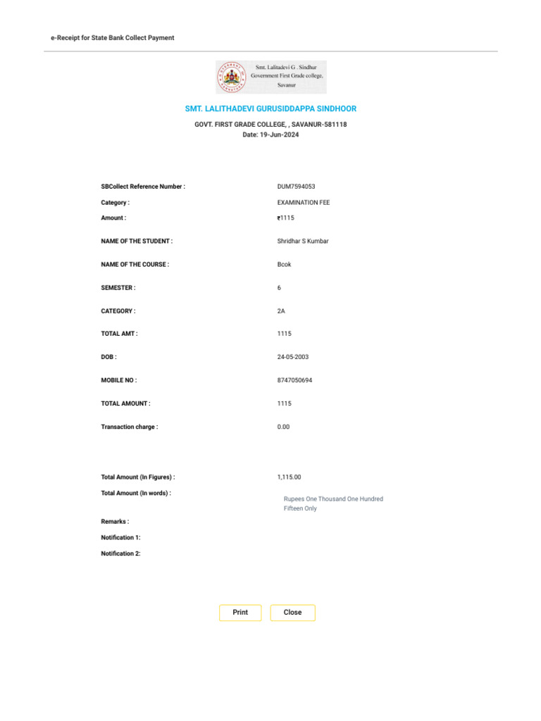 e-Receipt for Exam Fee Payment | PDF