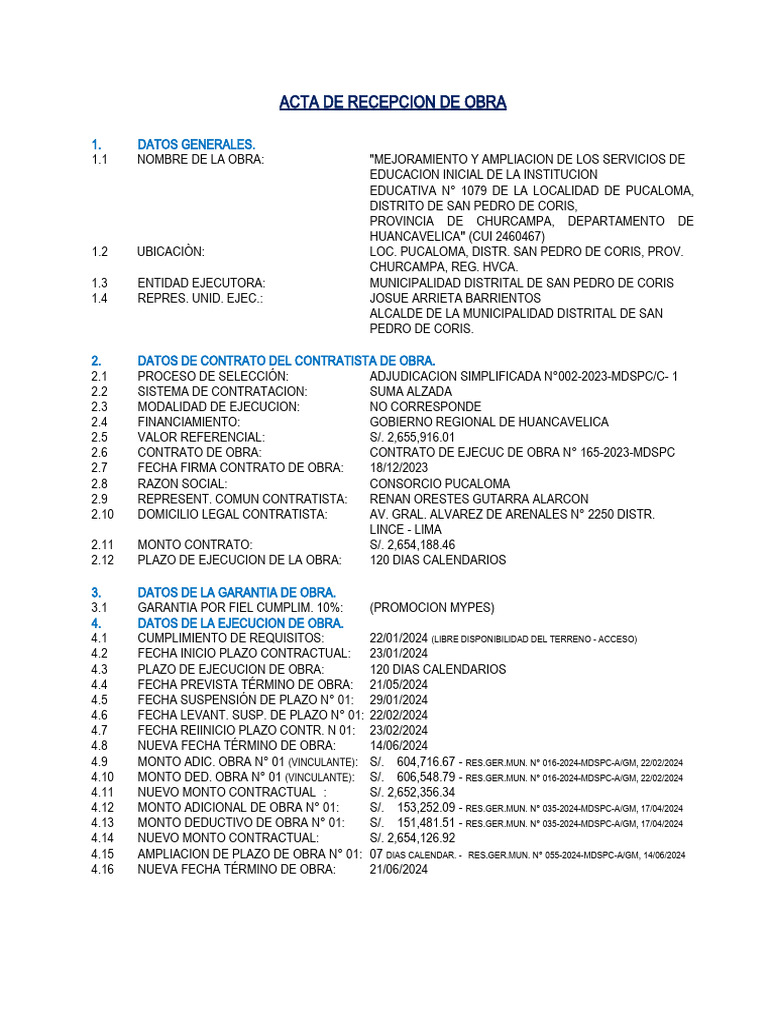 Acta de Recepcion de Obra Pucaloma Coris | PDF | Construyendo tecnología | Bienes raíces