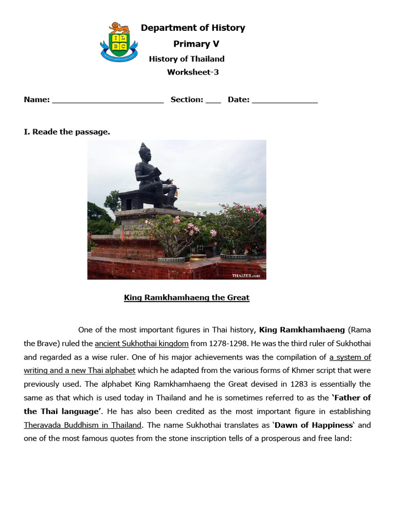 Thailand Worksheet-3 | PDF | Thailand | Southeast Asia