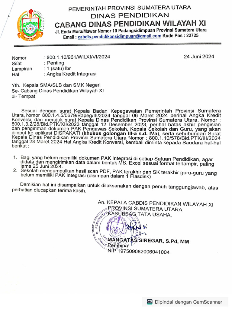 Surat Pendataan PAK Integrasi Wil. XI | PDF