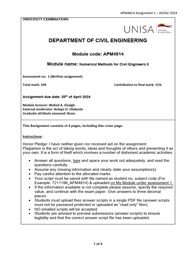 APM4814 - Assessment #1 (Assign) - 2024 | PDF | Partial Differential Equation | Applied Mathematics