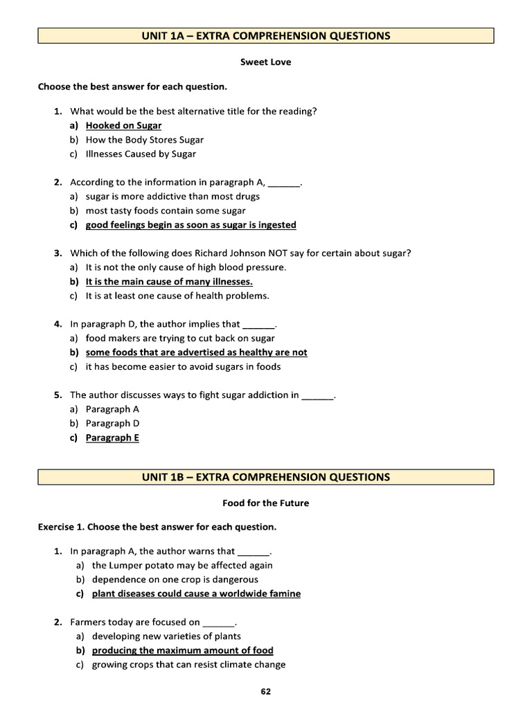 Reading Pack Units 1-4 Answer Key | PDF