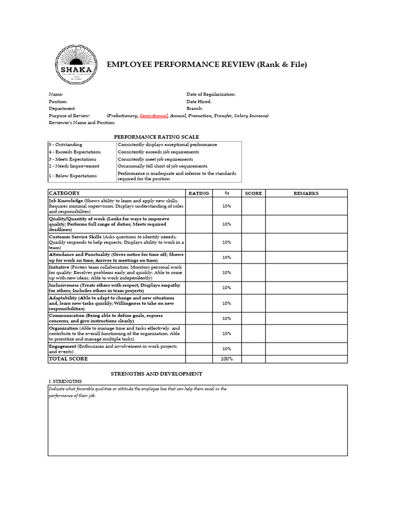 (Template) Employee Performance Review - Rank & File | PDF ...