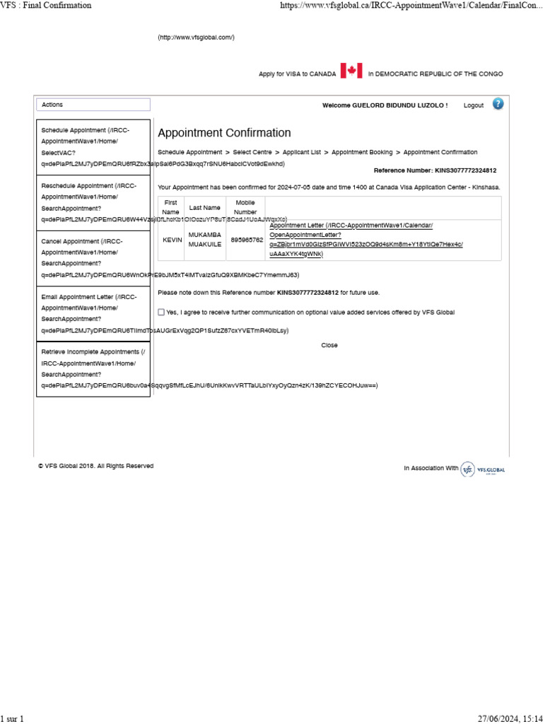 VFS Global Appointment Confirmation | PDF | Human Migration | Immigration
