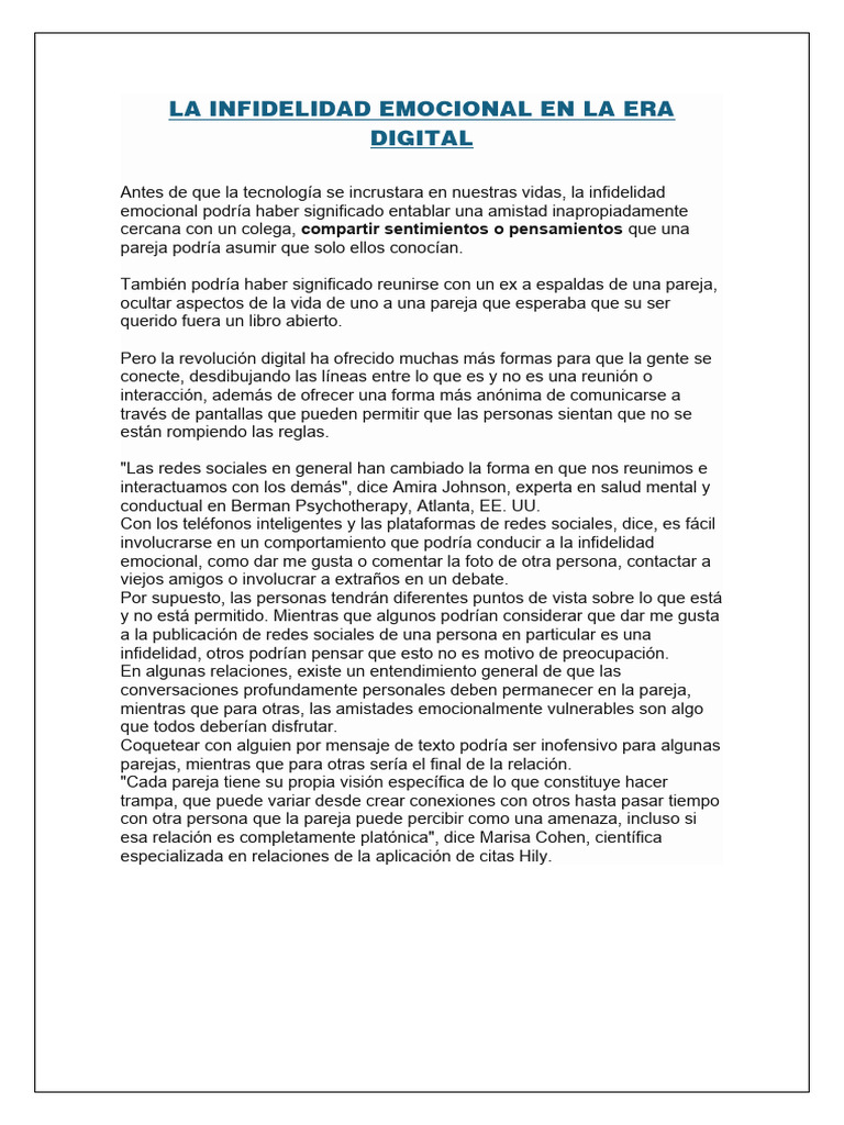 La Infidelidad Emocional en La Era Digital | PDF