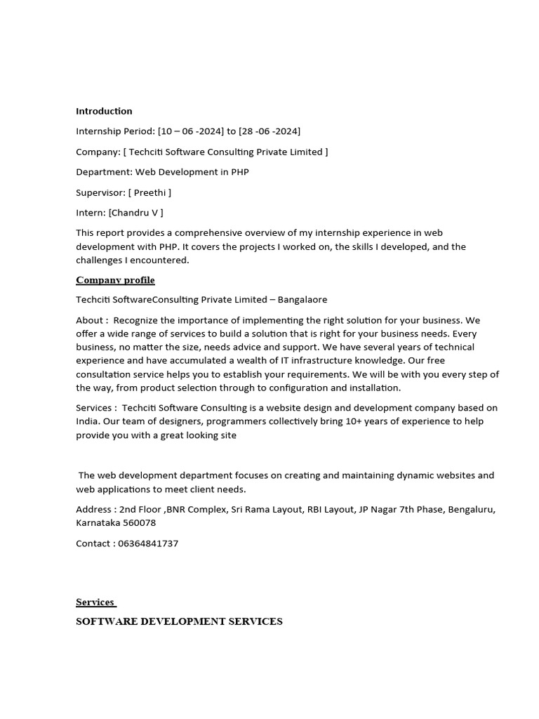 PHP Web Development Internship Report | PDF | Html | Cloud Computing