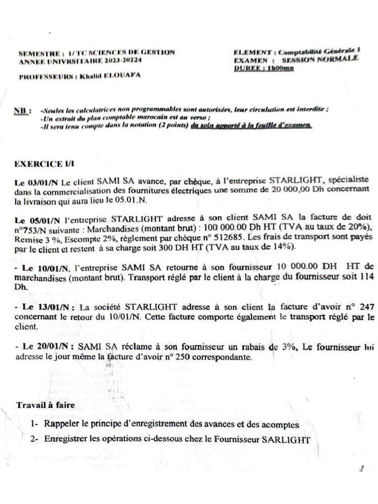 Corrigé Exam S1 Compta 23-24 | PDF