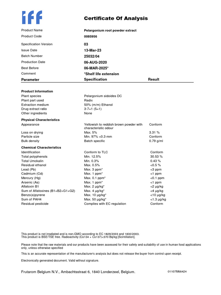 Pelargonium Root Extract 0085956 CofA 25032-04 Shelf Life Ext | PDF