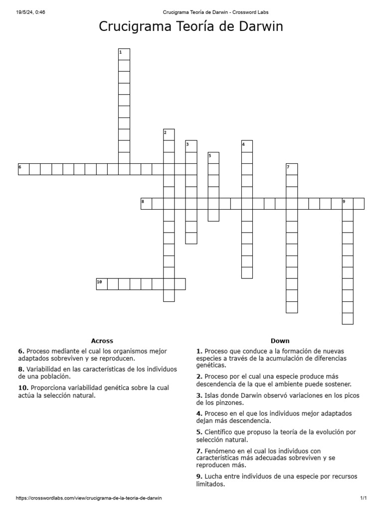 Crucigrama Teoría de Darwin | PDF | Seleccion natural | Naturaleza