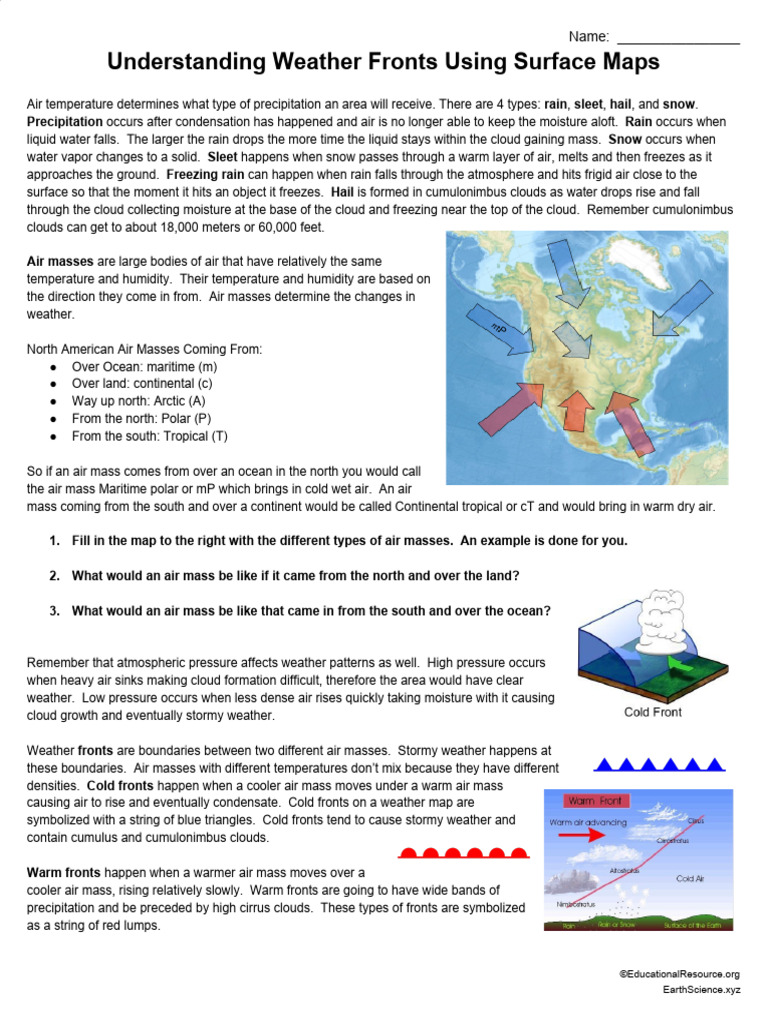 Understanding Weather Fronts Using Surface Maps: Name | PDF ...