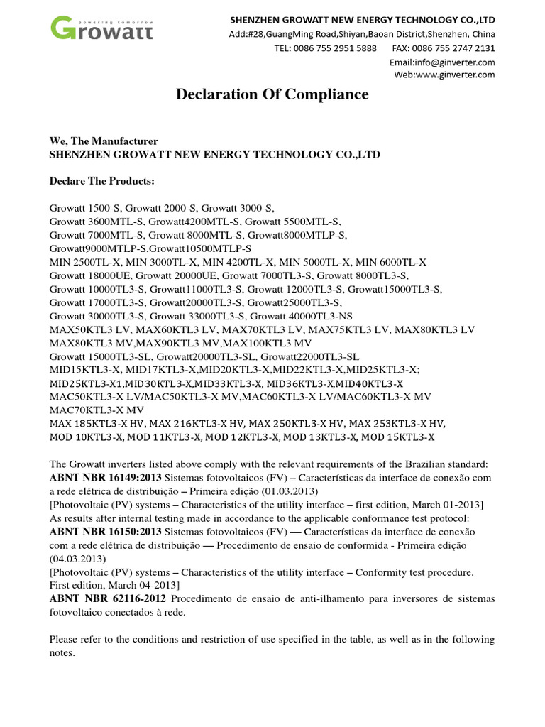 ABNT Declaration - MID 15KTL3-X | PDF | Energy Technology | Electrical ...