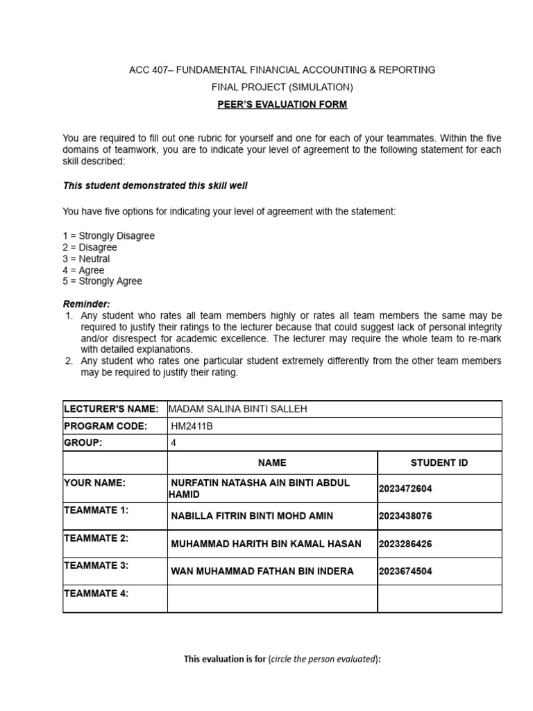 Acc407 - Peer Evaluation Form (Ori) | PDF | Social Psychology | Cognition