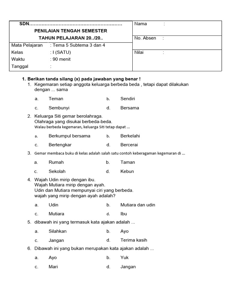 Soal PTS Kelas 1 Tema 5 Subtema 3 Dan 4 | PDF | Seni