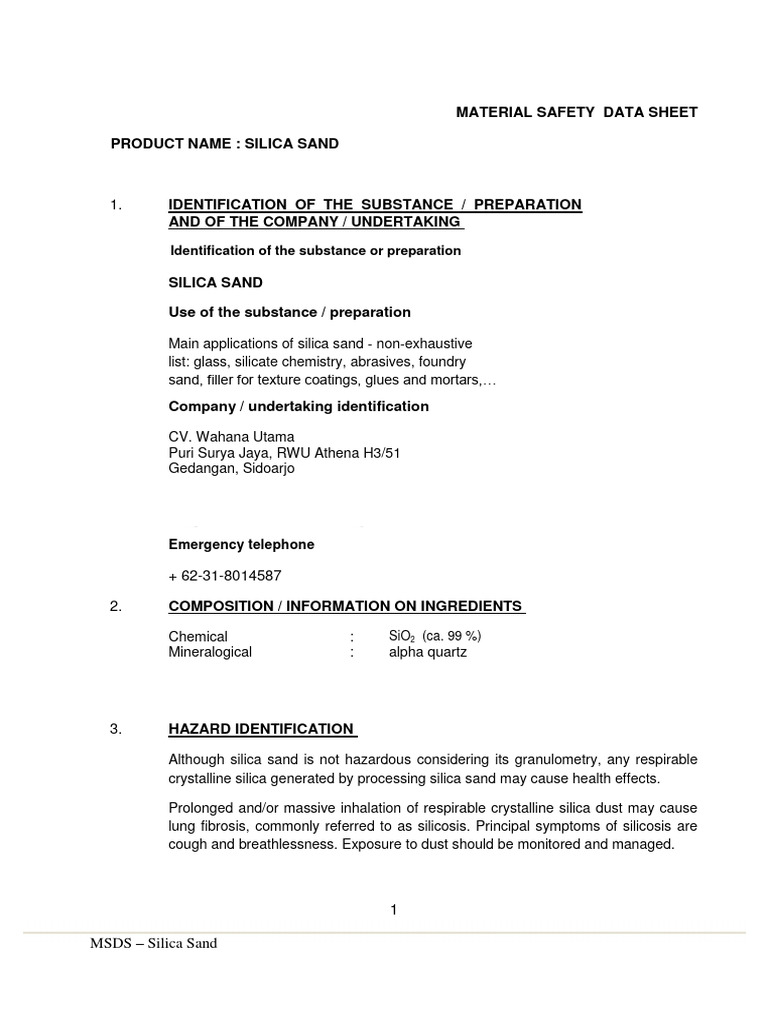 Msds - Silica Sand - 2014 | PDF | Silicon Dioxide | Occupational Safety And Health