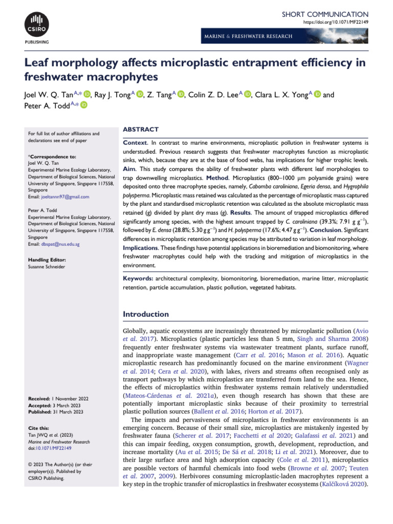 Leaf Morphology Affects Microplastic Entrapment | PDF | Leaf | Adsorption
