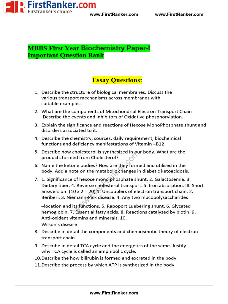 MBBS 1st Year Biochemistry Question Bank | PDF | Metabolism | Biochemistry