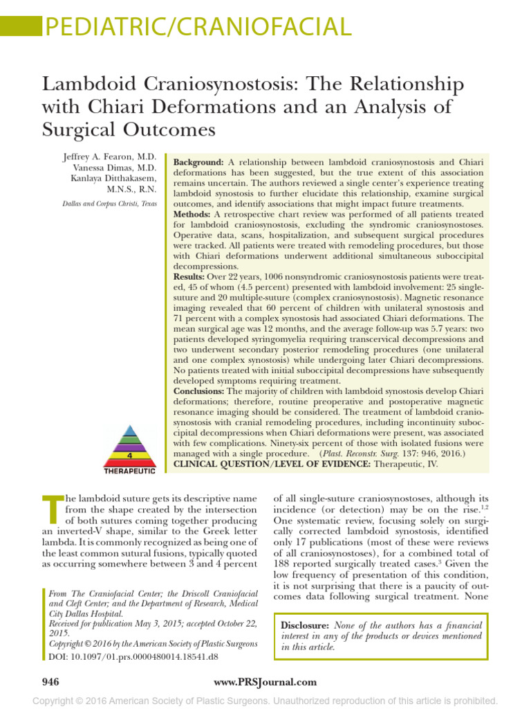 Lambdoid Craniosynostosis The Relationship With Chiari Deformations and ...