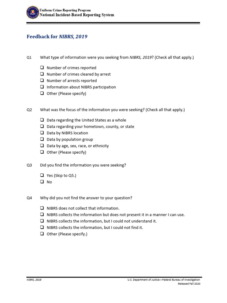 Nibrs Feedback Form 2019 Final | PDF | Federal Bureau Of Investigation ...