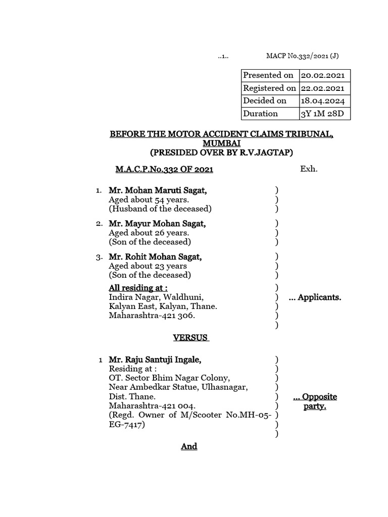 Judgment in 332 of 2021 at MACT Mumbai | PDF | Legal Liability | Negligence