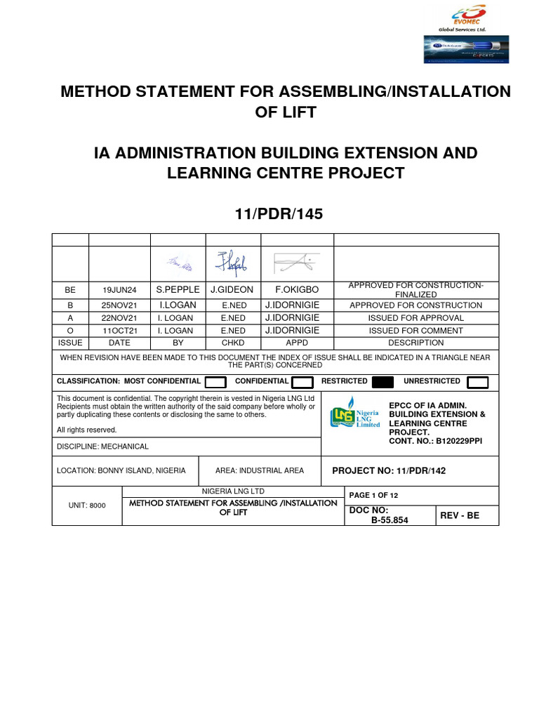 B-55.854_BE_METHOD STATEMENT FOR INSTALLATION OF LIFT | PDF | Elevator ...