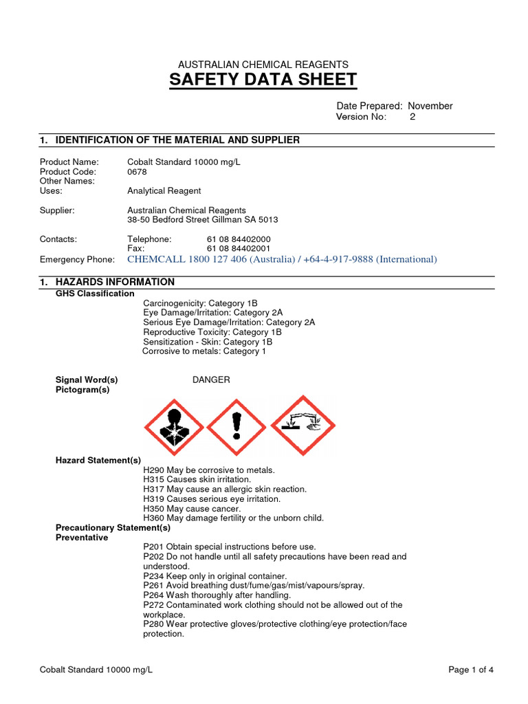MSDS Cobalt Standard 10000 MG-L | PDF | Personal Protective Equipment | Nitric Acid