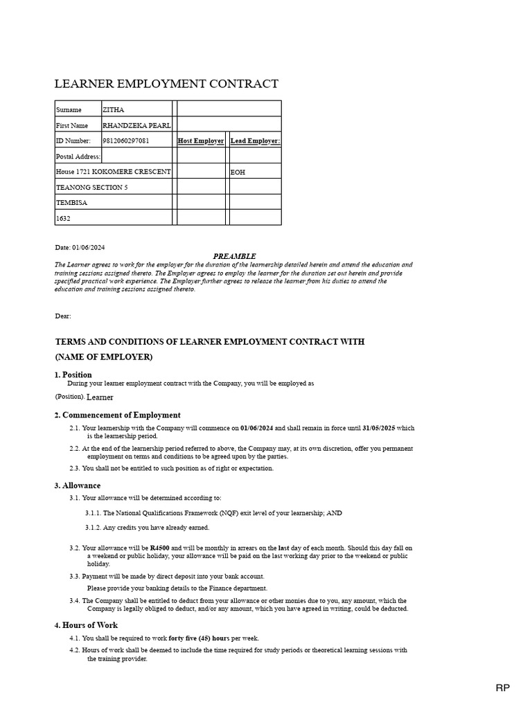 Learner Employment Contract - 1june24 EOH 2 | PDF | Sick Leave | Employment
