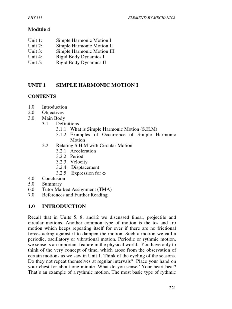 PHY 104 Simple Harmonic Motion SHM | PDF | Oscillation | Acceleration
