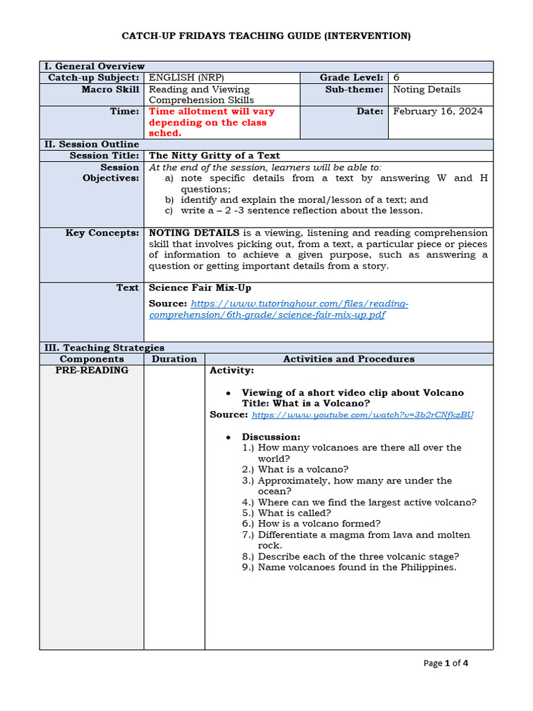 Teaching Guide Catchup Grade 6 | PDF | Reading Comprehension | Volcano