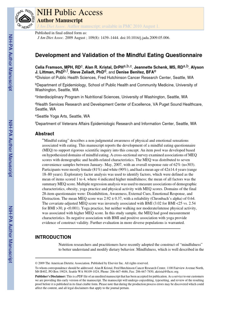 Development and Validation of The Mindful Eating Questionnaire | PDF | Cronbach's Alpha
