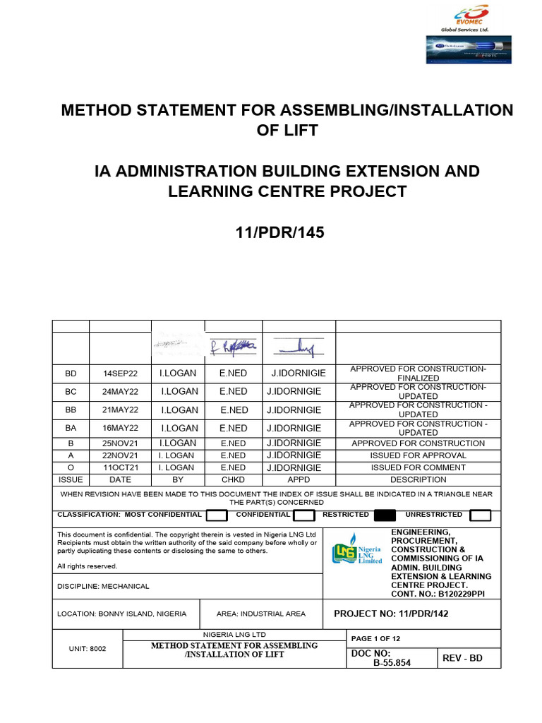 B-55.854 - BD - Method Statement For Installation of Lift | PDF | Elevator | Personal Protective ...