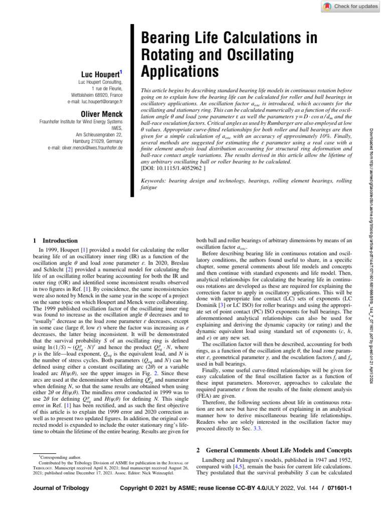 Bearing Life Calculations in Rotating and Oscillating Applications ...