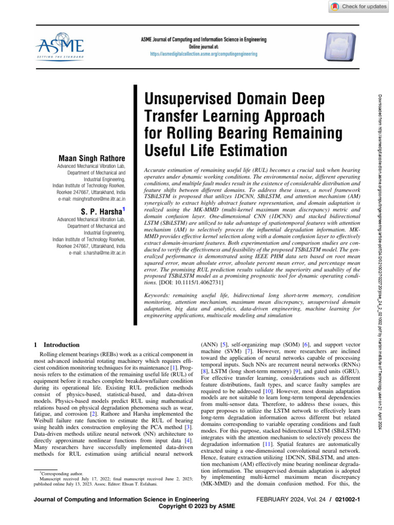 Unsupervised Domain Deep Transfer Learning Approach For Rolling Bearing Remaining Useful Life ...