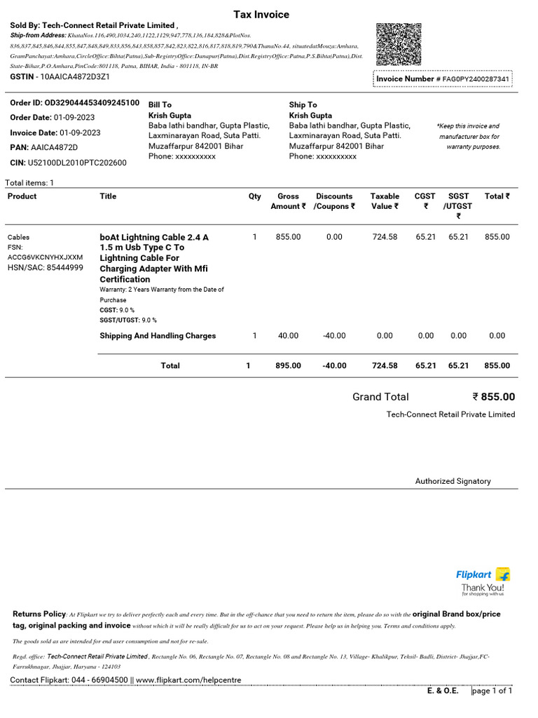 Invoice for boAt Lightning Cable Purchase | PDF | Payments | Economies