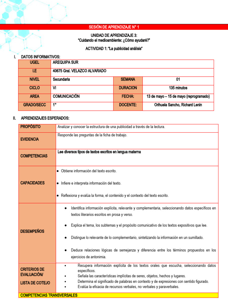 Sesion de Aprendizaje N°1 | PDF | Maestros | Aprendizaje