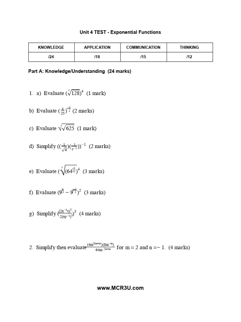 Exponential Functions Unit 4 Test | PDF | Exponentiation | Equations