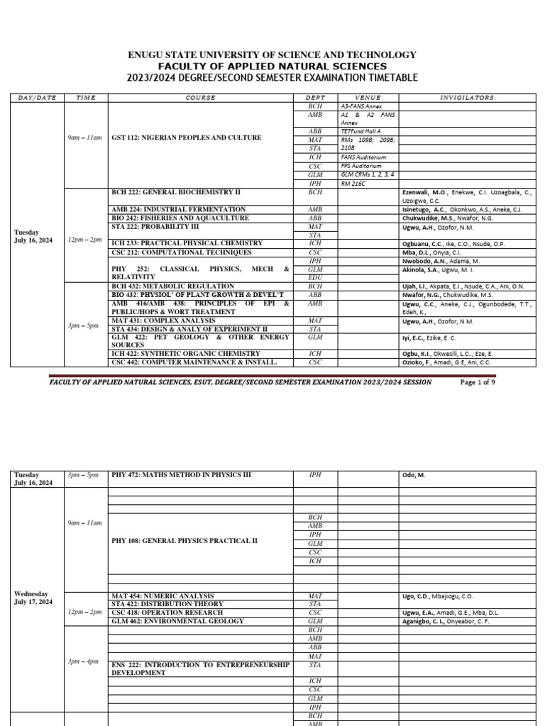 2023-2024 2nd Semester (Degree) Exam Timetable | PDF | Natural Sciences ...