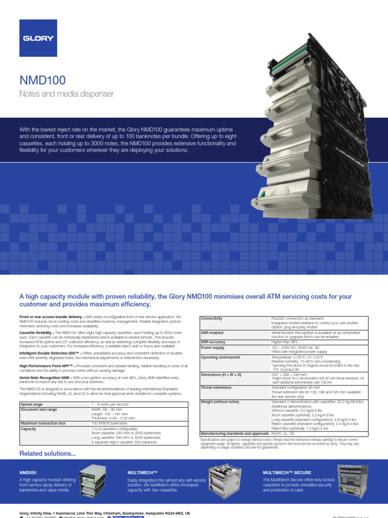 Glory NMD100 OEM Datasheet EN | PDF | Automated Teller Machine | Kilogram