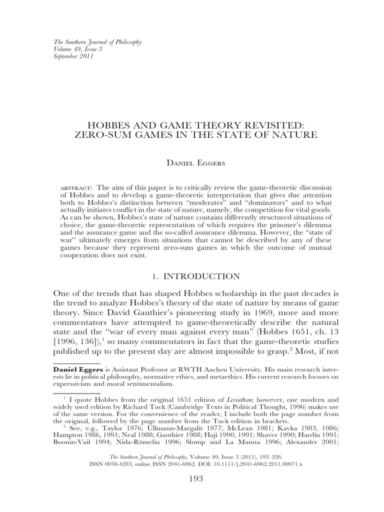 Hobbes and Game Theory Revisited: Zero-Sum Games in The State of Nature | PDF | Rationality ...