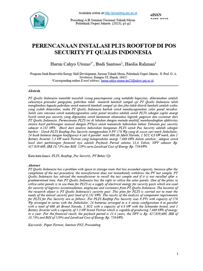 PERENCANAAN INSTALASI PLTS ROOFTOP DI POS SECURITY PT QUALIS INDONESIA - Review - Revised | PDF