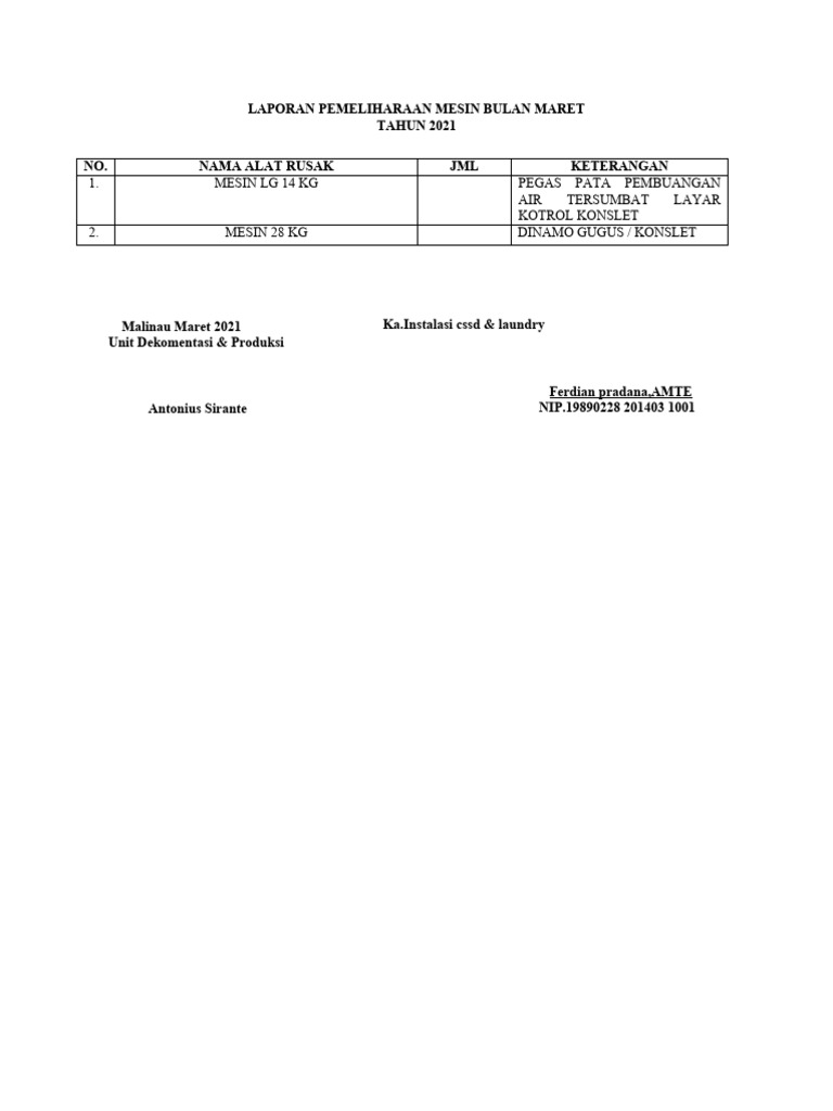 Laporan Pemeliharaan Mesin | PDF
