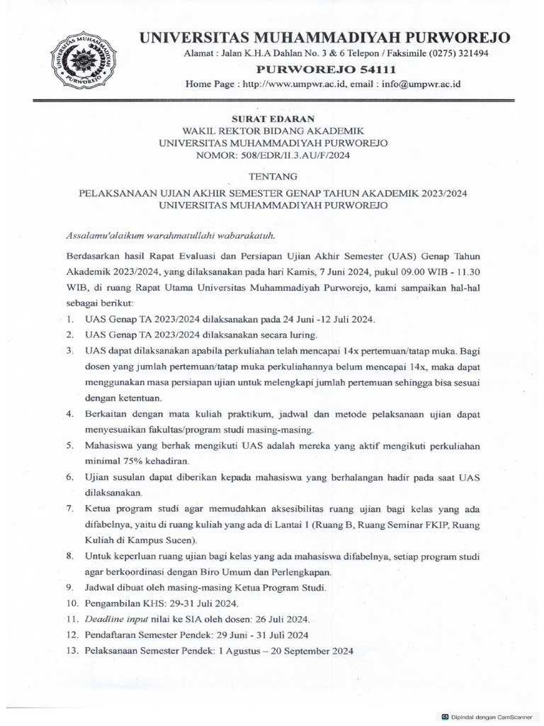 Surat Edaran Pelaksanaan UAS Genap 2023-2024 | PDF