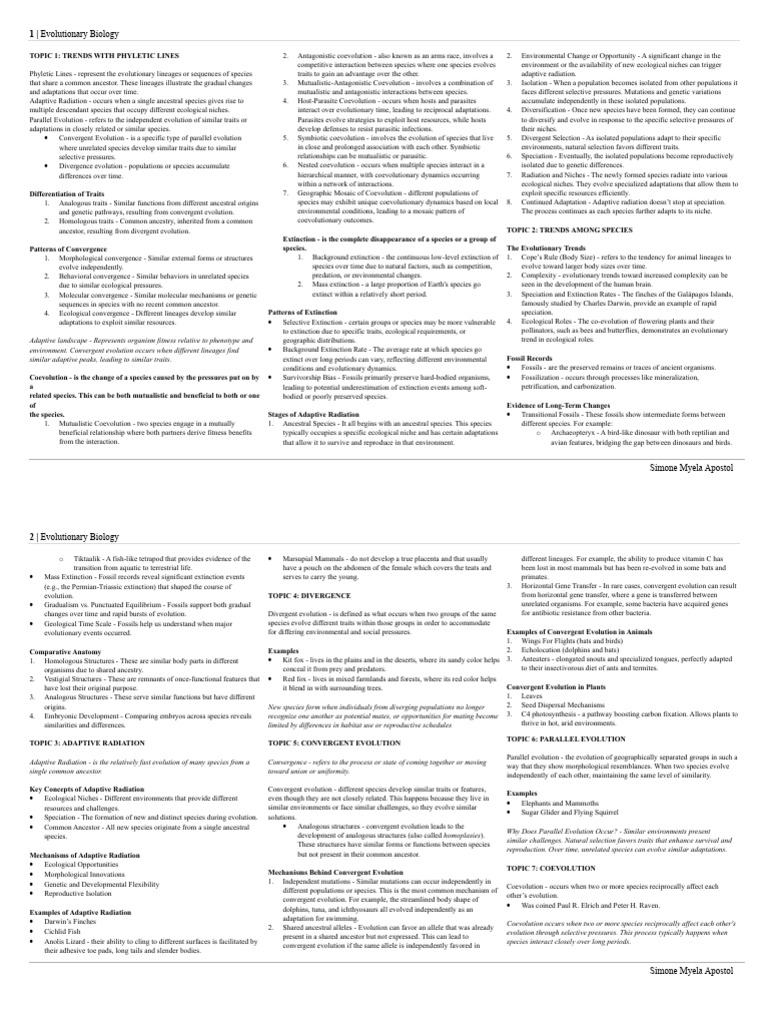 Evo Bio Finals Reviewer | PDF | Evolution | Adaptation