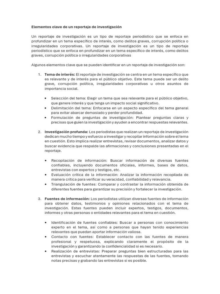 TEXTO SEMANA 2 Elementos Clave de Un Reportaje de Investigación | PDF ...