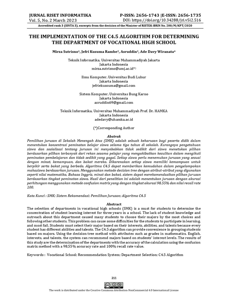 The Implementation Of C45 Algorithm For Determinin Pdf Data Mining Applied Mathematics 3664