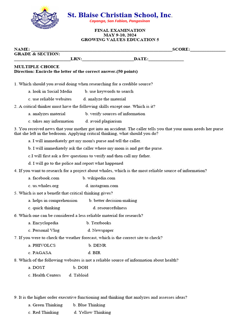 Esp-5 Exam | PDF | Courage | Thought