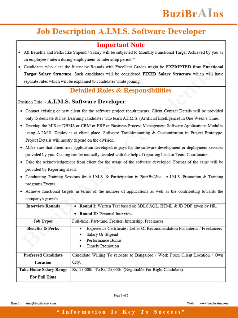BuziBrAIns JD a.I.M.S. Software Developer | PDF | Internship | Job Hunting